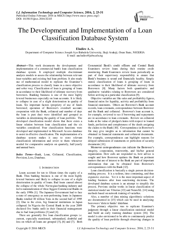(PDF) The Development and Implementation of a Loan Classification Database System