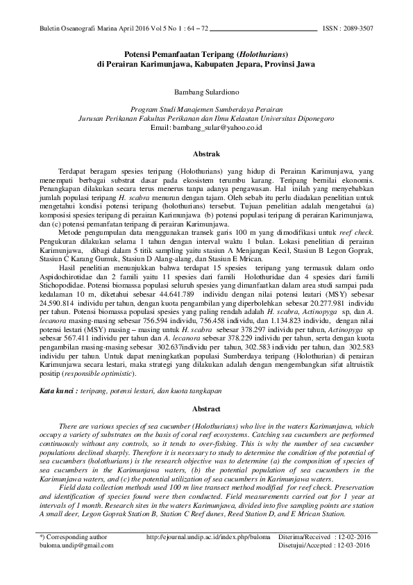(PDF) Potensi Pemanfaatan Teripang (Holothurians) di Perairan ...