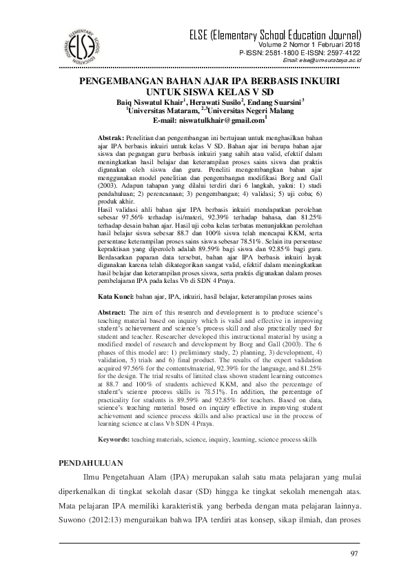 (PDF) Pengembangan Bahan Ajar IPA Berbasis Inkuiri Untuk Siswa Kelas V SD