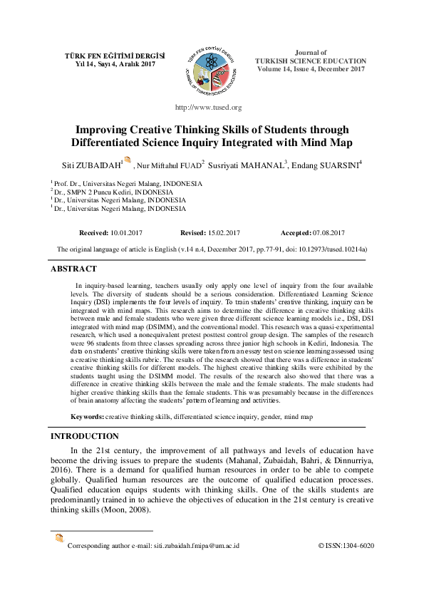 (PDF) Improving Creative Thinking Skills of Students through Differentiated Science Inquiry ...
