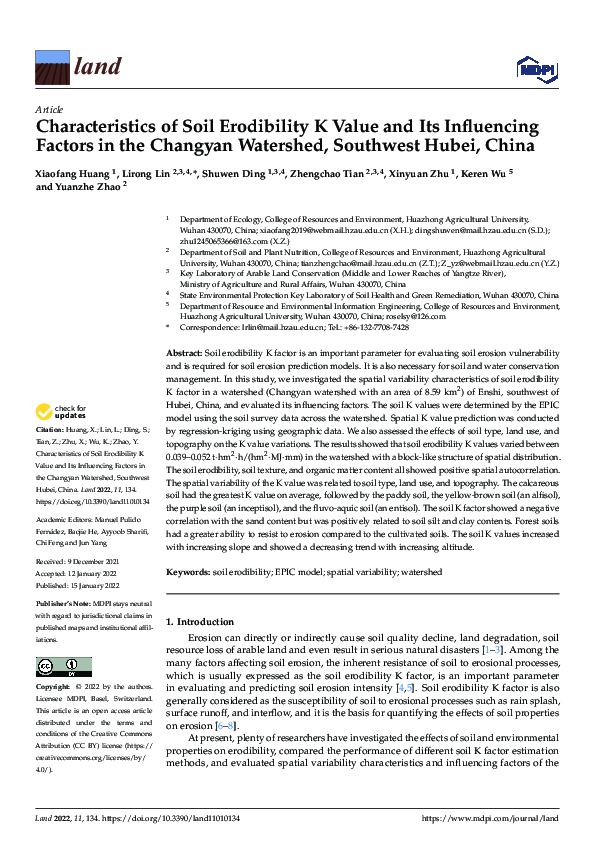 (PDF) Characteristics of Soil Erodibility K Value and Its Influencing Factors in the Changyan ...