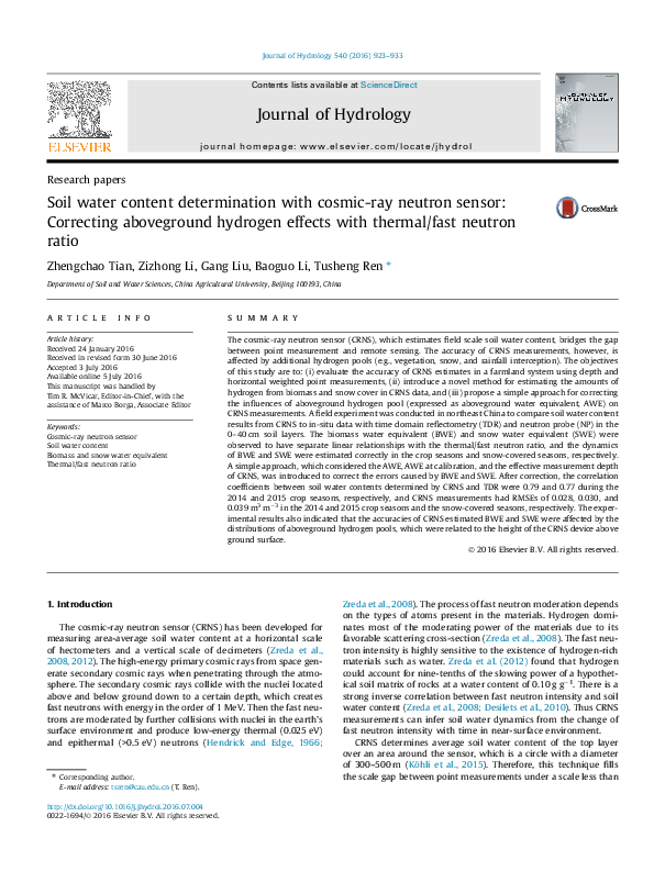 (PDF) Soil water content determination with cosmic-ray neutron sensor ...