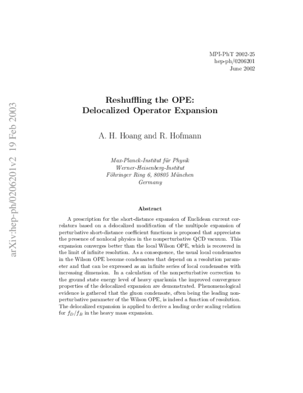 (PDF) Reshuffling the operator product expansion: Delocalized operator ...
