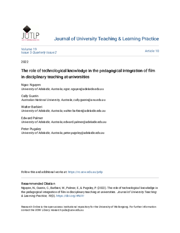 (PDF) The role of technological knowledge in the pedagogical integration of film in disciplinary ...