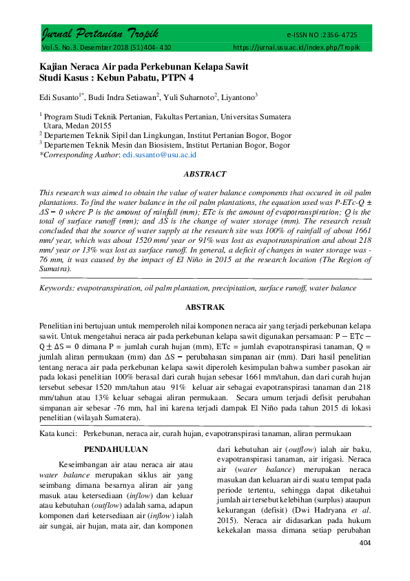 (PDF) Kajian Neraca Air pada Perkebunan Kelapa Sawit Studi Kasus : Kebun Pabatu, PTPN 4