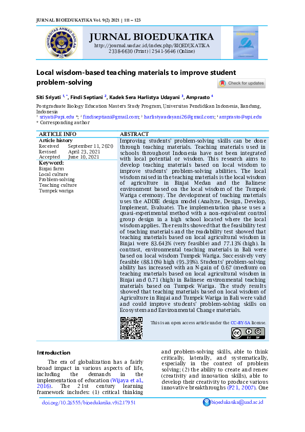 (PDF) Local wisdom-based teaching materials to improve student problem-solving