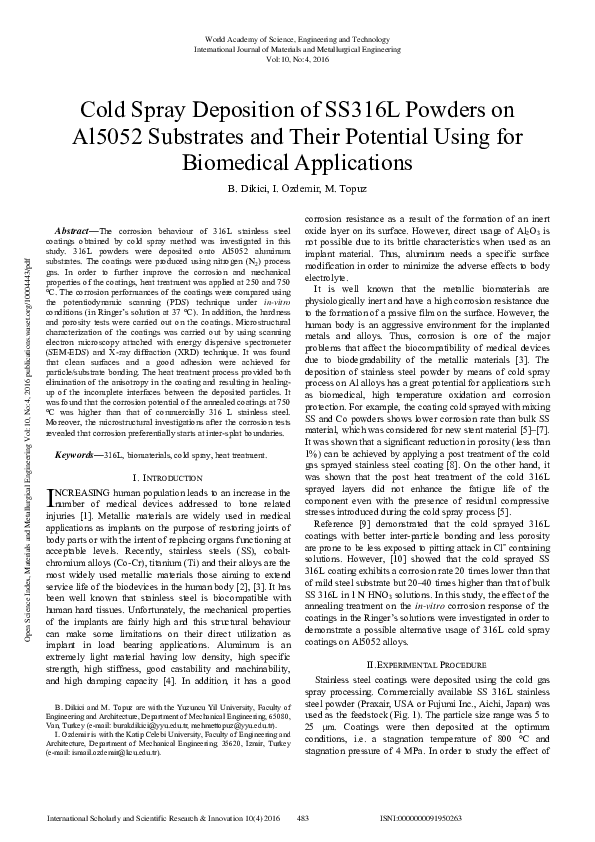(PDF) Cold Spray Deposition Of Ss316L Powders On Al5052 Substrates And ...