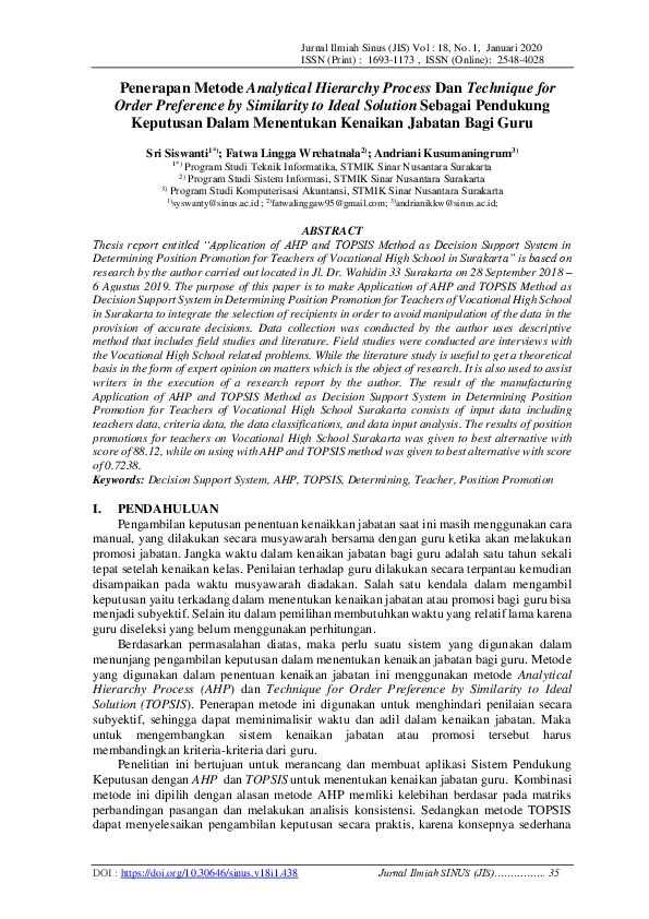 (PDF) Penerapan Metode Analytical Hierarchy Process Dan Technique for Order Preference by ...