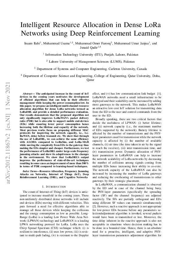 (PDF) Intelligent Resource Allocation in Dense LoRa Networks using Deep Reinforcement Learning