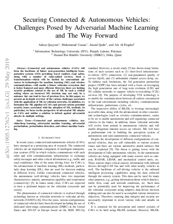 (PDF) Securing Connected & Autonomous Vehicles: Challenges Posed by Adversarial Machine Learning ...