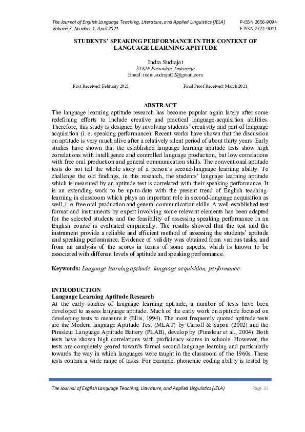 (PDF) Students’ Speaking Performance in the Context of Language ...