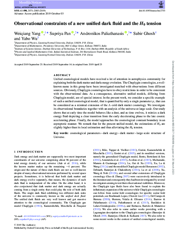 (PDF) Observational constraints of a new unified dark fluid and the H0 ...
