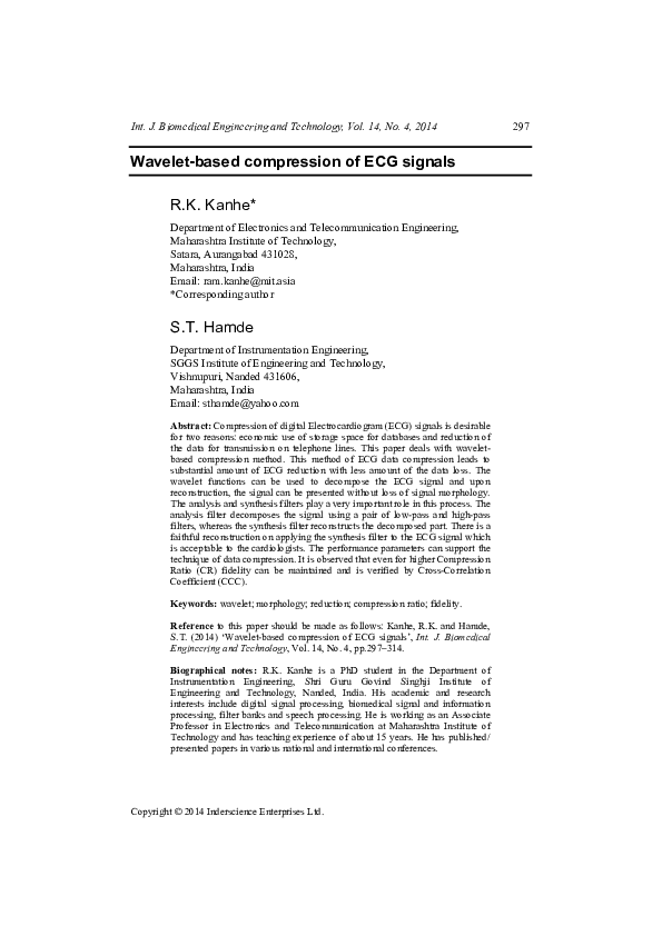 (PDF) Wavelet-based compression of ECG signals (PDF) Wavelet-based compression of ECG signals