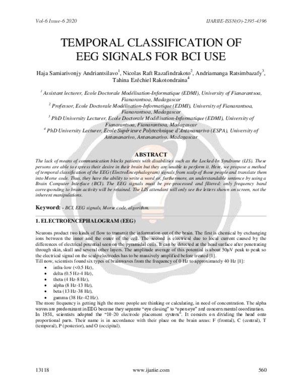 (PDF) Temporal Classification of Eeg Signals for Bci Use