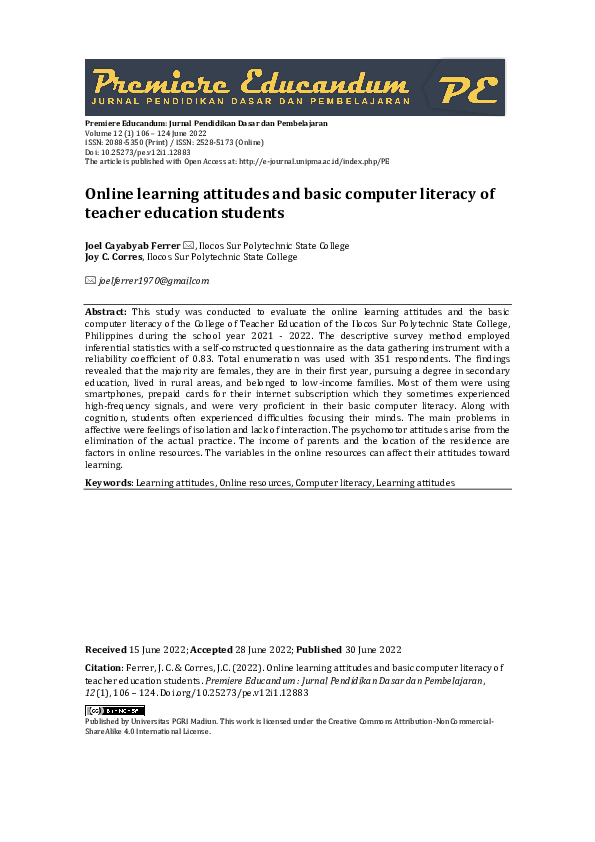 (PDF) Online learning attitudes and basic computer literacy of teacher education students