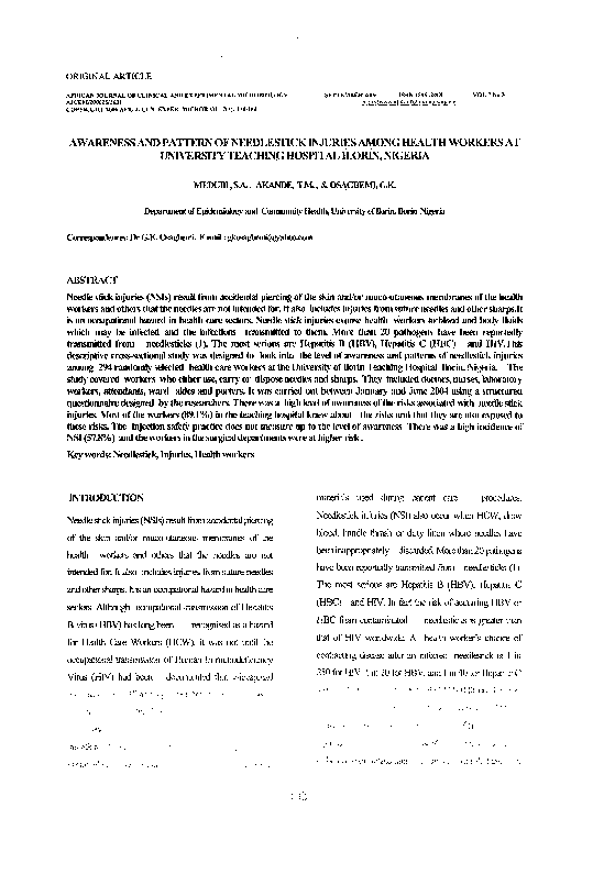 (PDF) Awareness and pattern of needlestick injuries among health workers at University Teaching ...