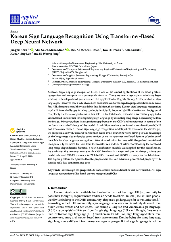 (PDF) Korean Sign Language Recognition Using Transformer-Based Deep ... (PDF) Korean Sign Language Recognition Using Transformer-Based Deep ...