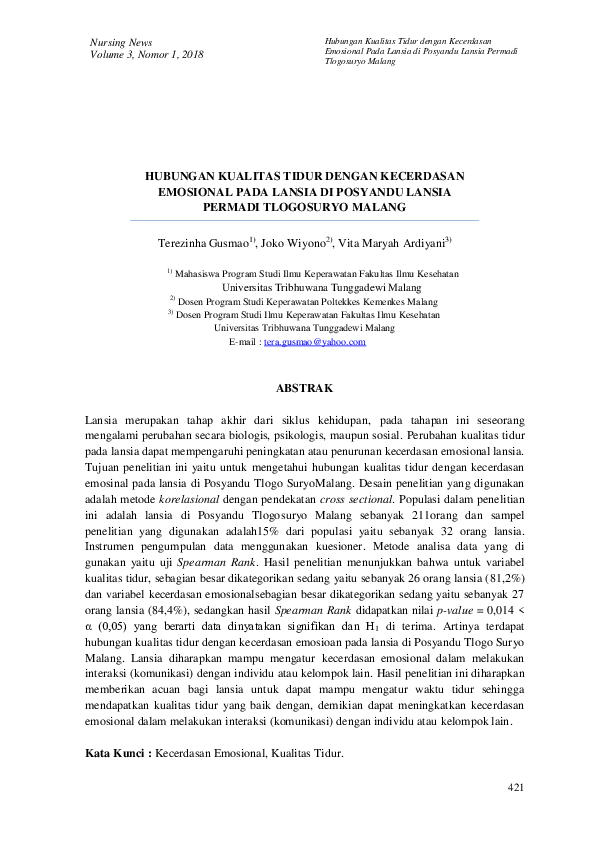 (PDF) Hubungan Kualitas Tidur Dengan Kecerdasan Emosional Pada Lansia DI Posyandu Lansia Permadi ...
