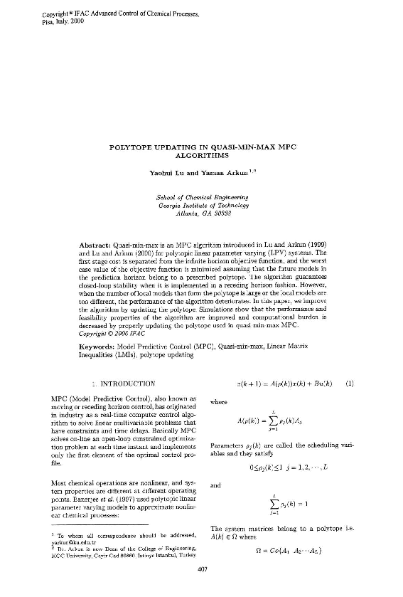 (PDF) Improving Quasi-Min-Max MPC via Polytope Update