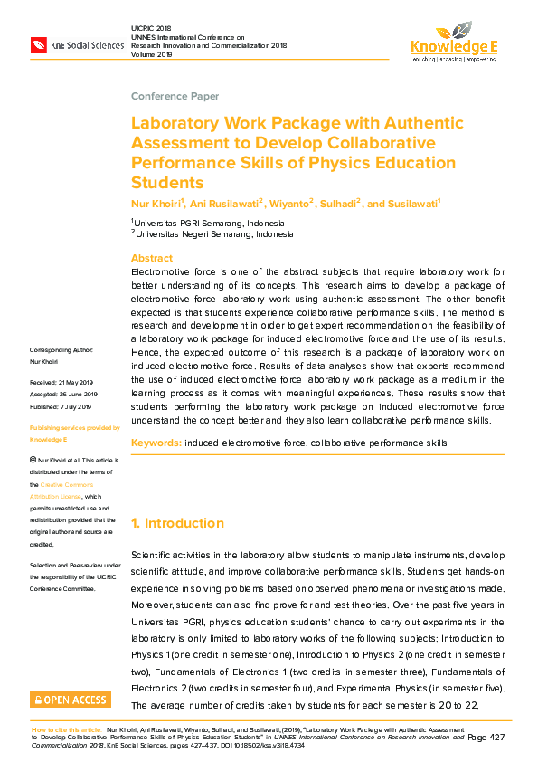 (PDF) Laboratory Work Package with Authentic Assessment to Develop ...