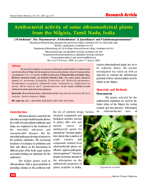(PDF) Antibacterial activity of some ethnomedicinal plants from the Nilgiris, Tamil Nadu, India