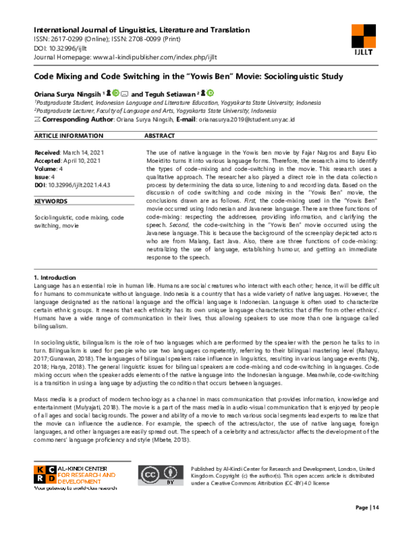(PDF) Code Mixing and Code Switching in the “Yowis Ben” Movie ...