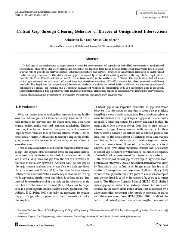 (PDF) Critical gap through clearing behavior of drivers at unsignalised ...