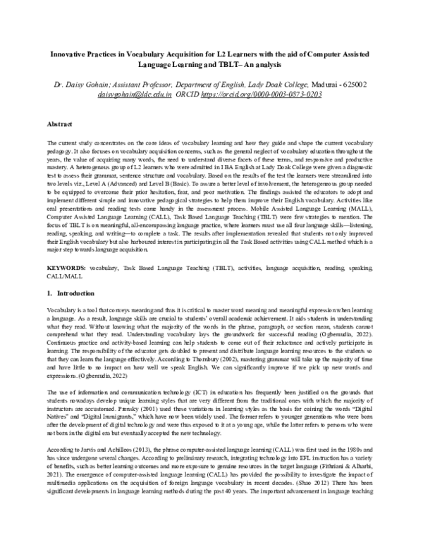 (DOC) Innovative Practices in Vocabulary Acquisition for L2 Learners ...