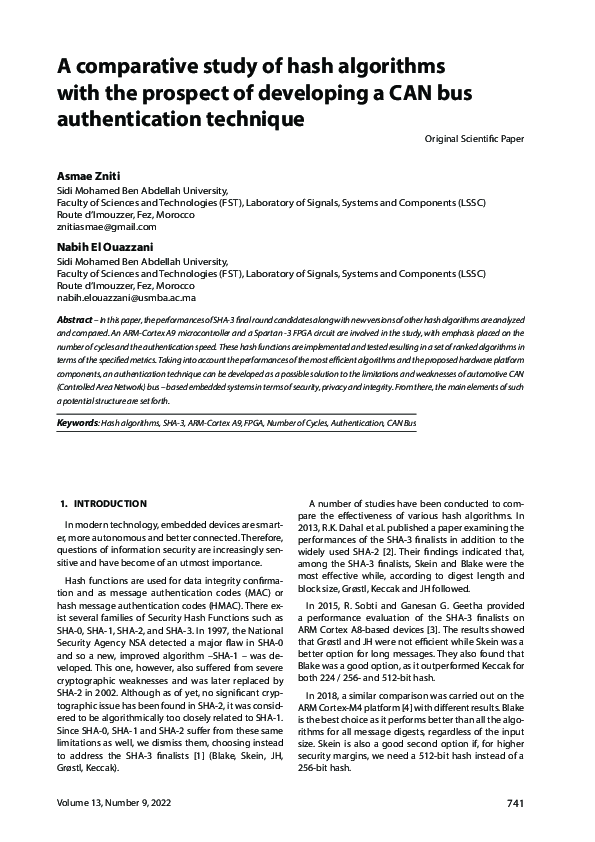 (PDF) A comparative study of hash algorithms with the prospect of developing a CAN bus ...