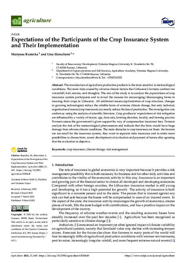 (PDF) Expectations of the Participants of the Crop Insurance System and Their Implementation