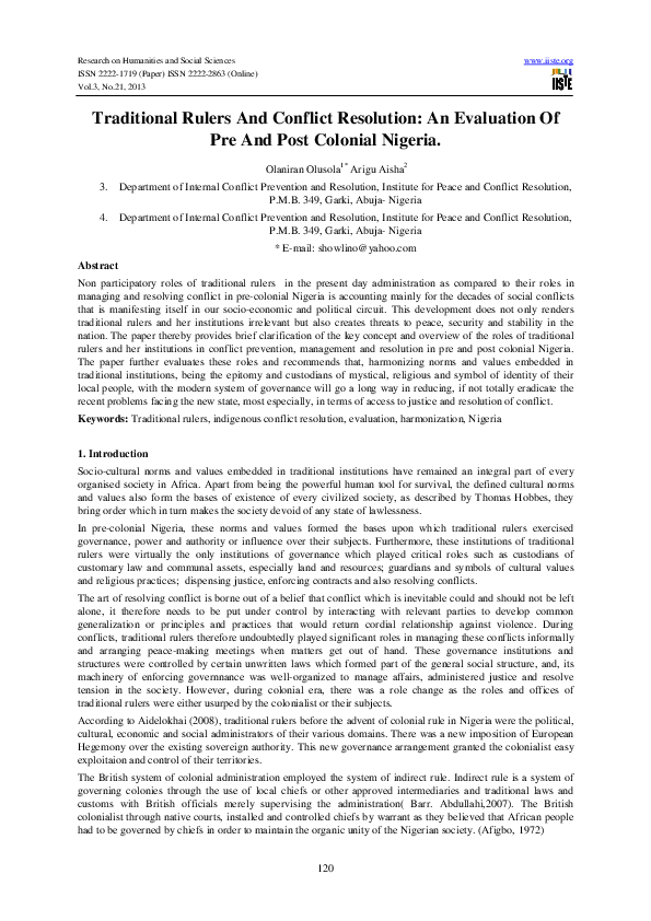 (PDF) Traditional Rulers And Conflict Resolution: An Evaluation Of Pre ...