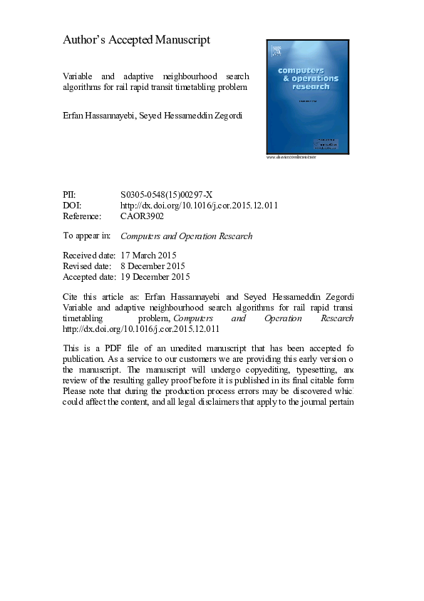 Pdf Variable And Adaptive Neighbourhood Search Algorithms For Rail Rapid Transit Timetabling 
