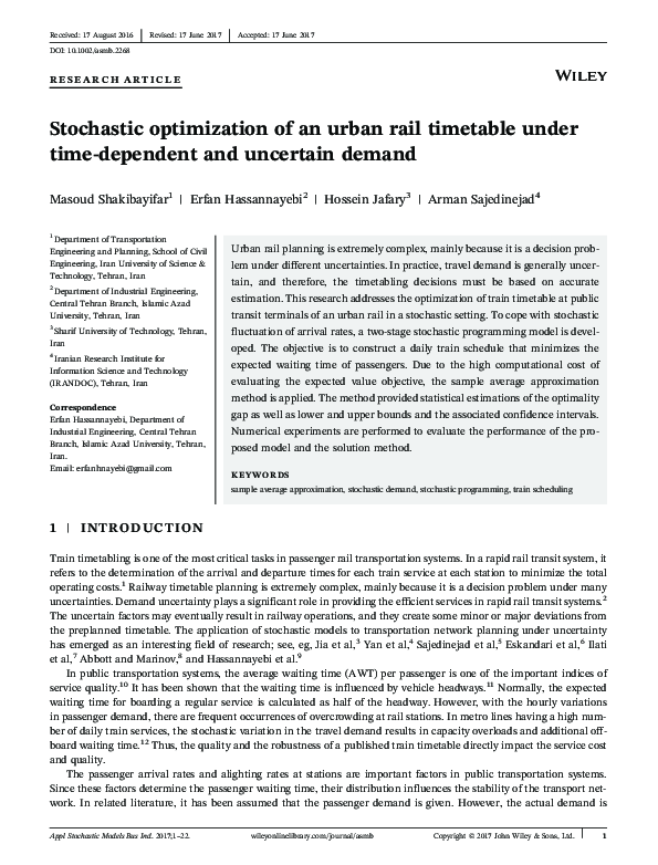 Pdf Stochastic Optimization Of An Urban Rail Timetable Under Time