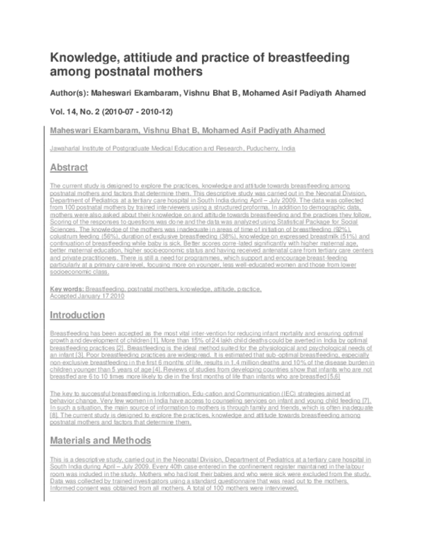 (PDF) Knowledge, attitiude and practice of breastfeeding among postnatal mothers