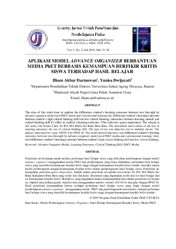 (PDF) APLIKASI MODEL ADVANCE ORGANIZER BERBANTUAN MEDIA PhET BERBASIS KEMAMPUAN BERFIKIR KRITIS ...
