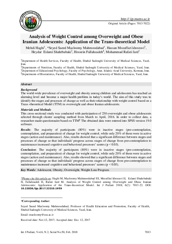 (PDF) Analysis of Weight Control among Overweight and Obese Iranian ...