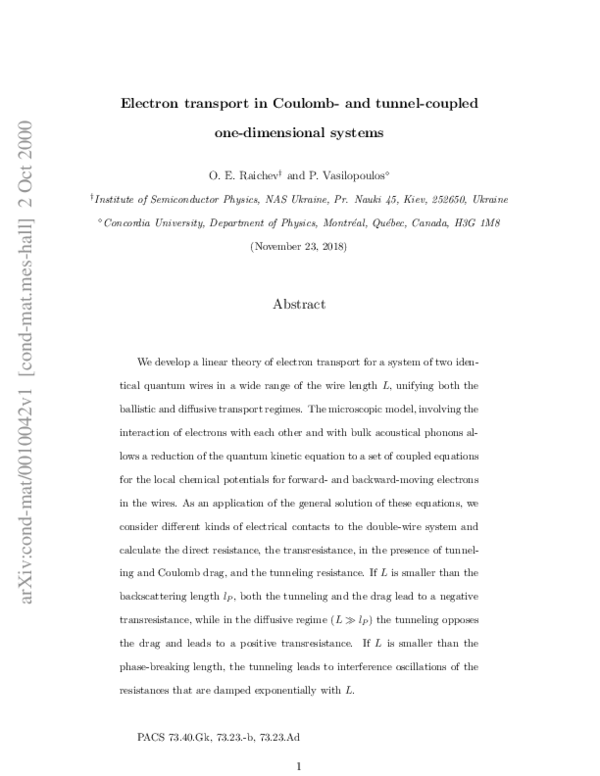 (PDF) Electron transport in Coulomb- and tunnel-coupled one-dimensional systems