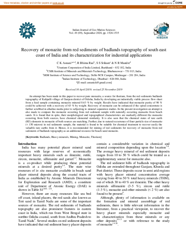 (PDF) Recovery of monazite from red sediments of badlands topography of ...