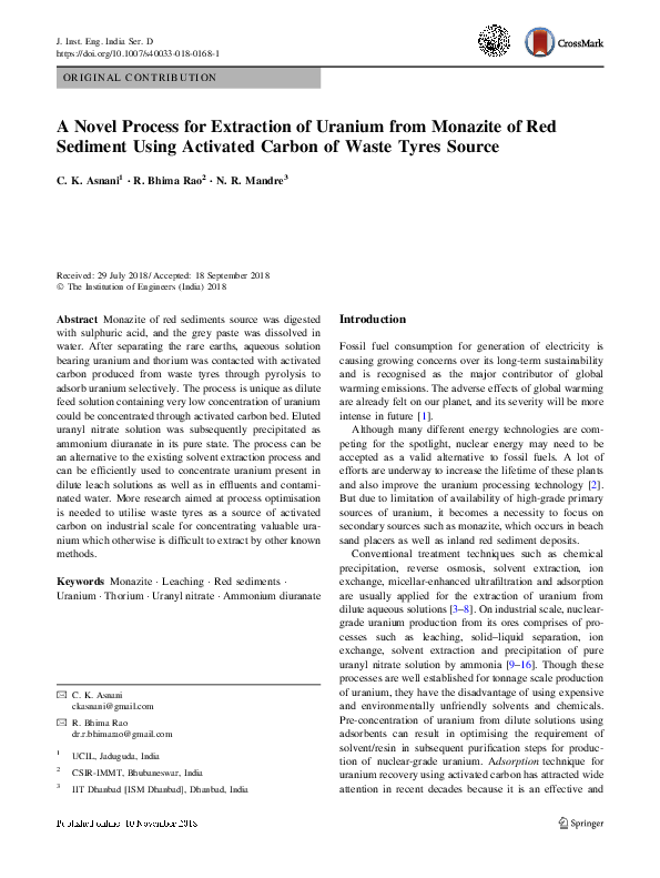 (PDF) A Novel Process for Extraction of Uranium from Monazite of Red ...