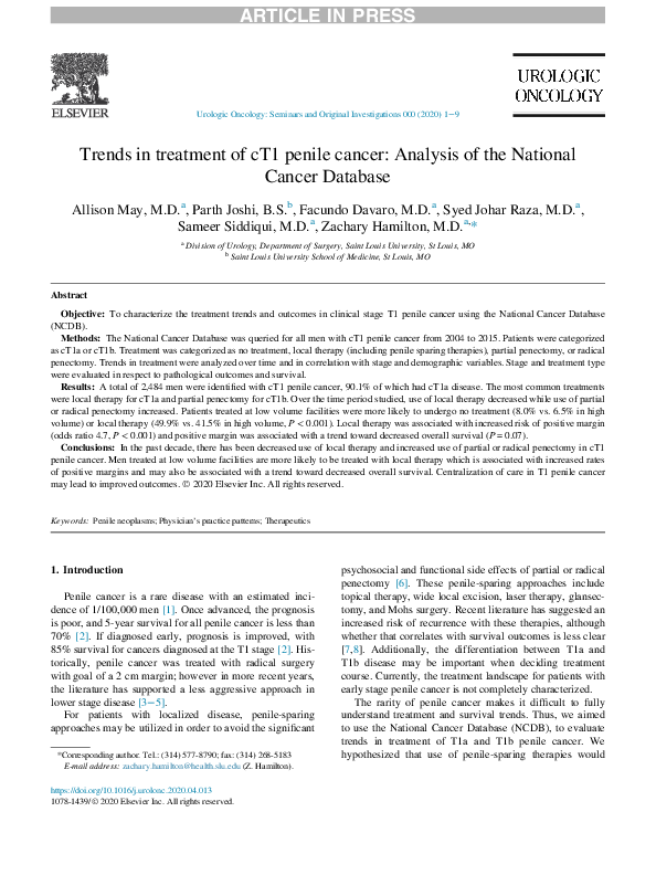 (PDF) Trends in treatment of cT1 penile cancer: Analysis of the National Cancer Database