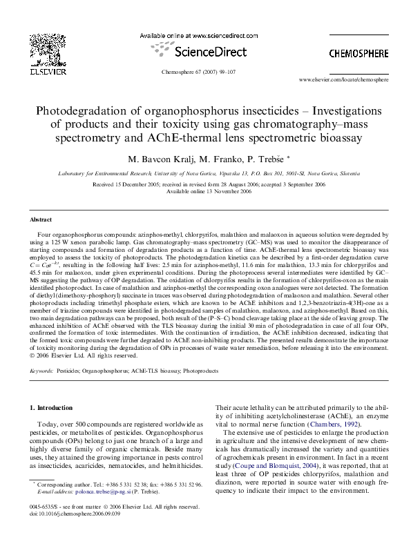 (PDF) Photodegradation of organophosphorus insecticides – Investigations of products and their ...