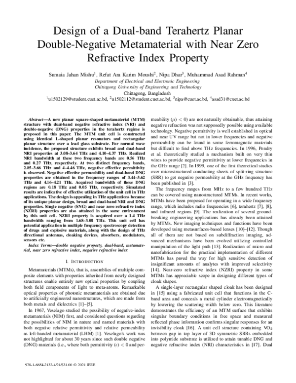 (PDF) Design of a Dual-band Terahertz Planar Double-Negative Metamaterial with Near Zero ...