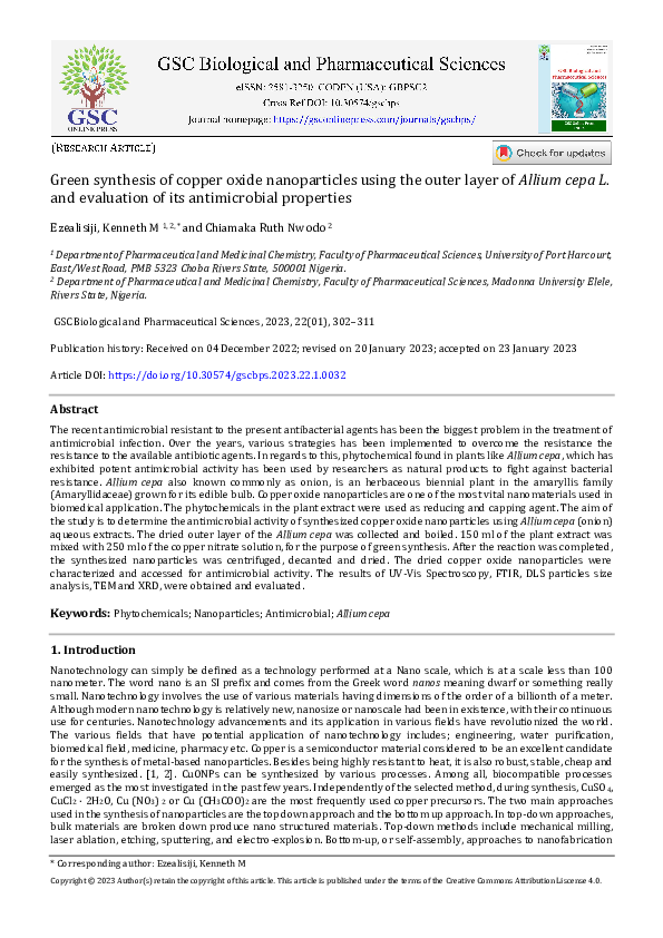 (PDF) Green synthesis of copper oxide nanoparticles using the outer layer of Allium cepa L. and ...