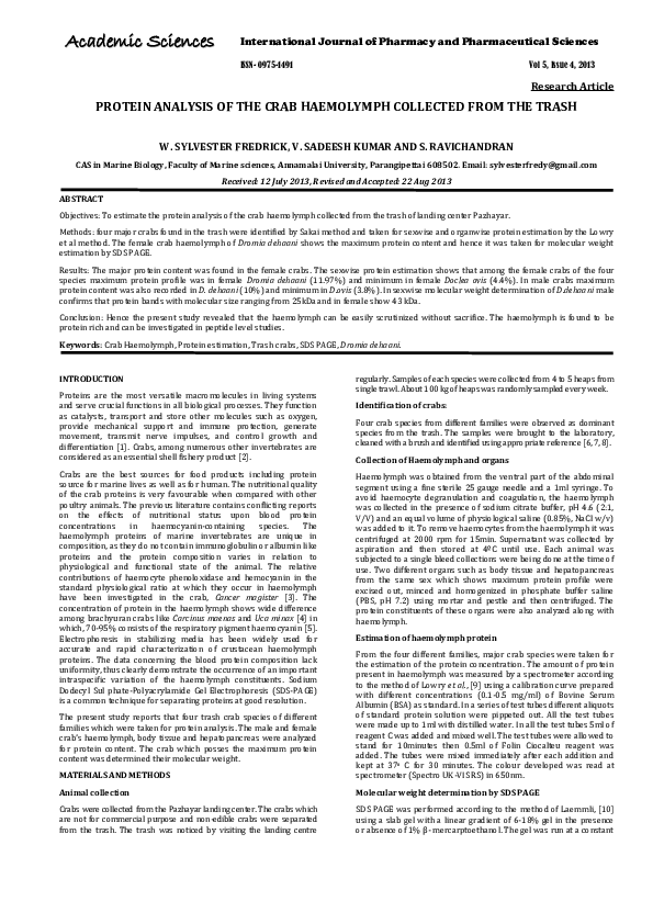 (PDF) PROTEIN ANALYSIS OF THE CRAB HAEMOLYMPH COLLECTED FROM THE TRASH