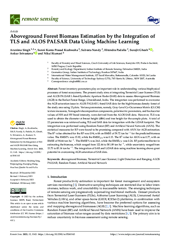 Pdf Aboveground Forest Biomass Estimation By The Integration Of Tls And Alos Palsar Data Using