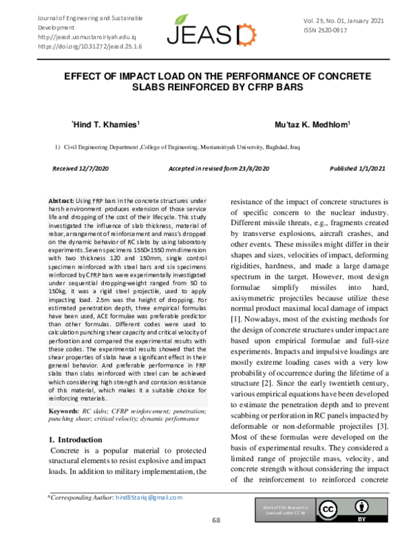 Pdf Effect Of Impact Load On The Performance Of Concrete Slabs Reinforced By Cfrp Bars