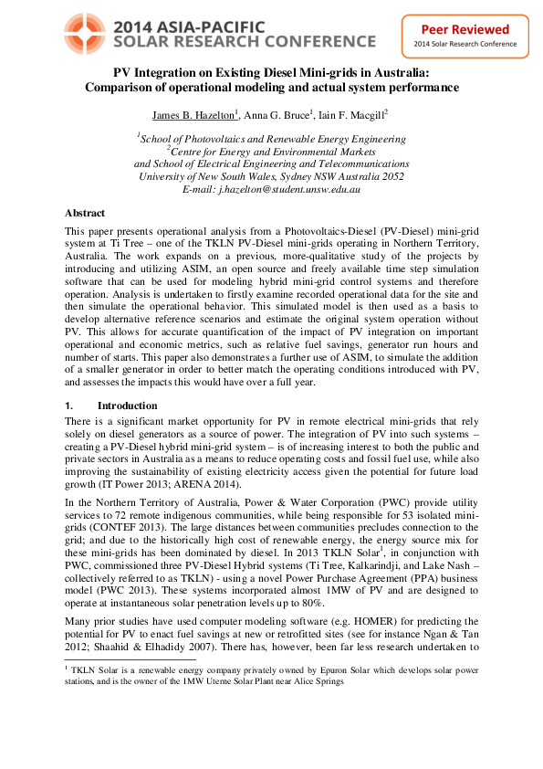 Pdf Pv Integration On Existing Diesel Mini Grids In Australia