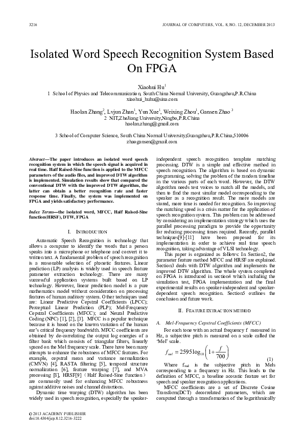 (PDF) Isolated Word Speech Recognition System Based On FPGA