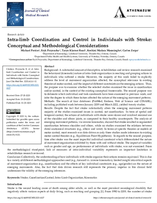 (PDF) Intra-limb Coordination and Control in Individuals with Stroke: Conceptual and ...