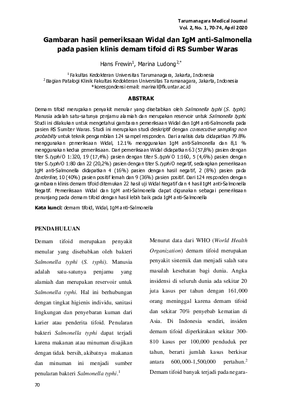 (PDF) Gambaran hasil pemeriksaan Widal dan IgM anti-Salmonella pada ...